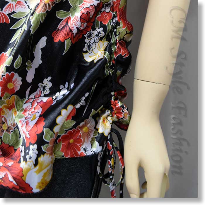 Chinese Cheongsam Qipao Floral Silky Satin Tunic Top Black