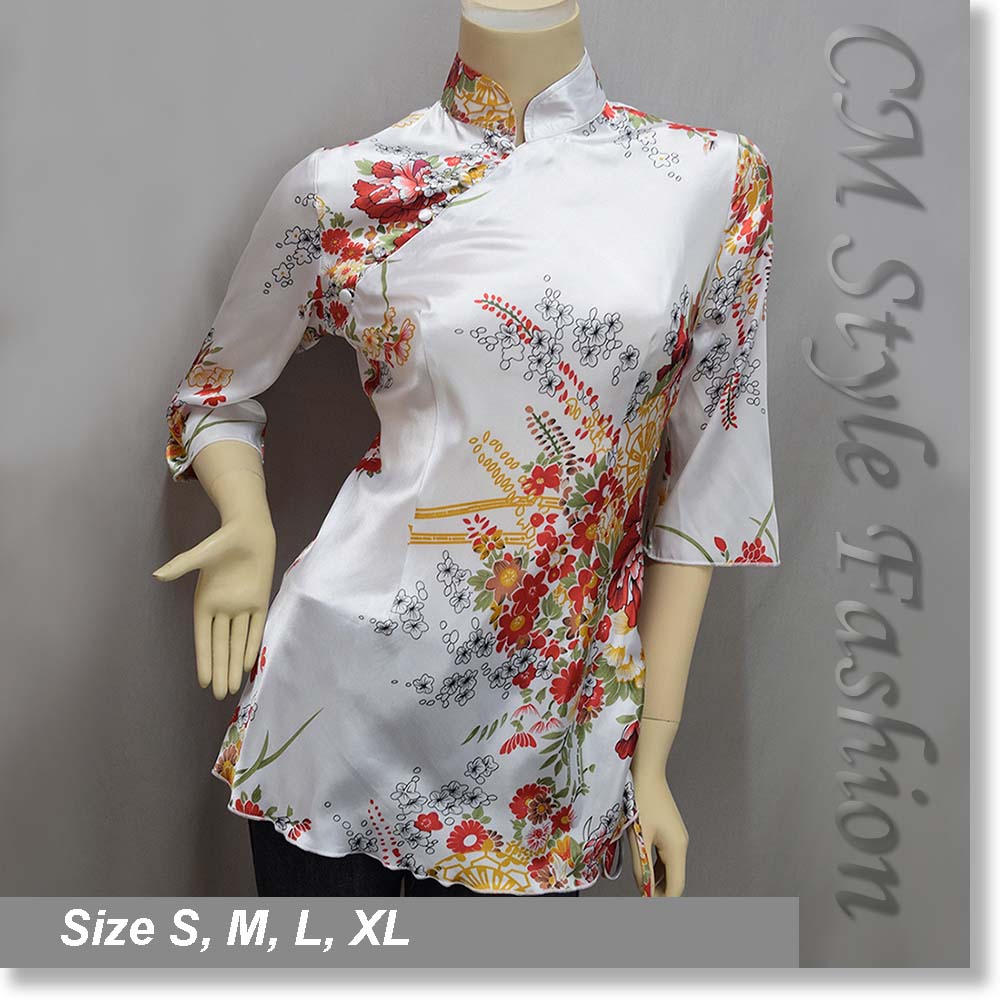 Chinese Cheongsam Qipao Floral Silky Satin Tunic Top White