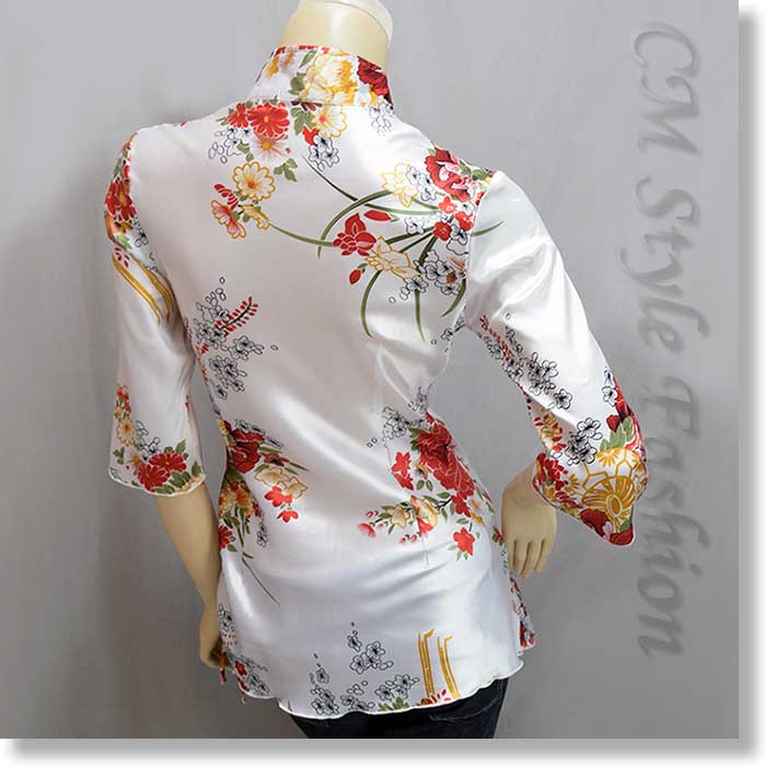 Chinese Cheongsam Qipao Floral Silky Satin Tunic Top White