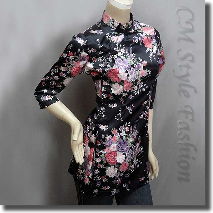 Chinese Cheongsam Qipao Style Floral Satin Tunic Top Black