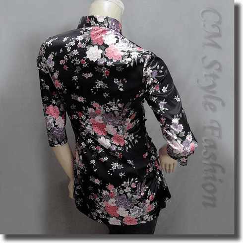 Chinese Cheongsam Qipao Style Floral Satin Tunic Top Black