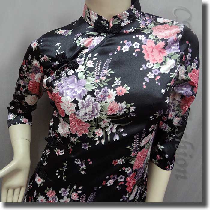 Chinese Cheongsam Qipao Style Floral Satin Tunic Top Black