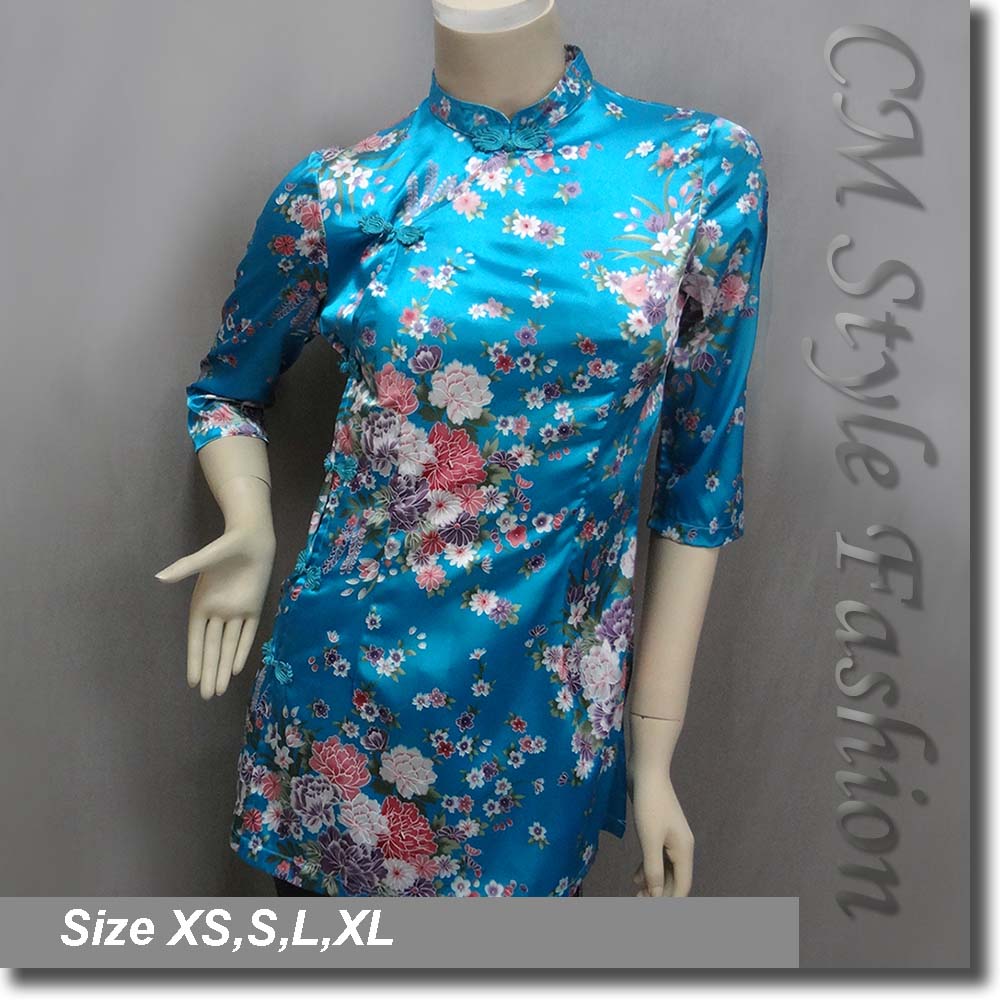 Chinese Cheongsam Qipao Style Floral Satin Tunic Top Blue