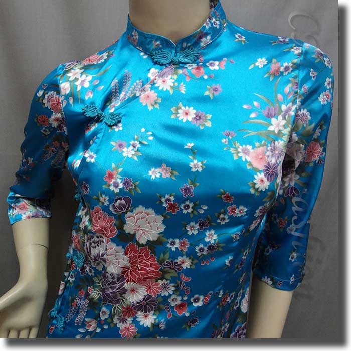 Chinese Cheongsam Qipao Style Floral Satin Tunic Top Blue