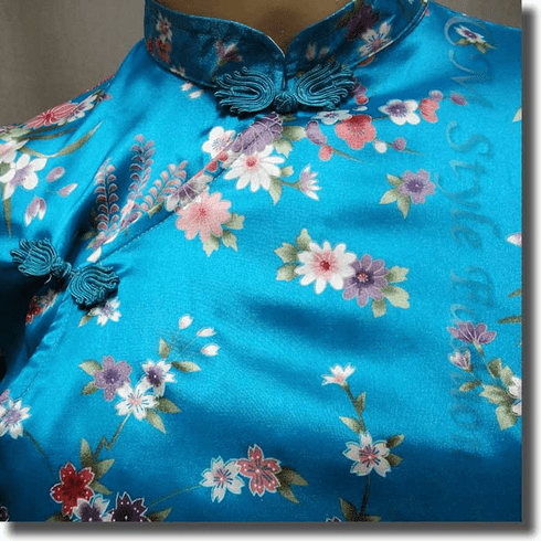 Chinese Cheongsam Qipao Style Floral Satin Tunic Top Blue