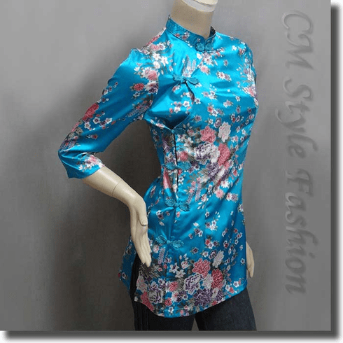 Chinese Cheongsam Qipao Style Floral Satin Tunic Top Blue