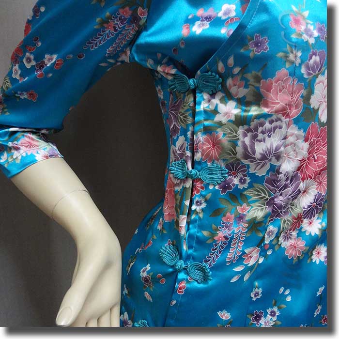 Chinese Cheongsam Qipao Style Floral Satin Tunic Top Blue