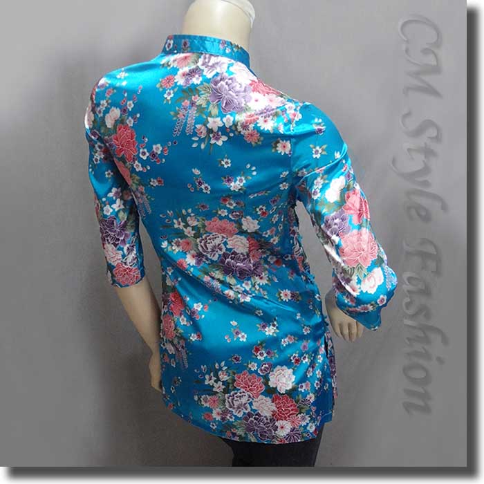 Chinese Cheongsam Qipao Style Floral Satin Tunic Top Blue