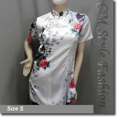 Chinese Cheongsam Qipao Style Floral Satin Tunic Top White