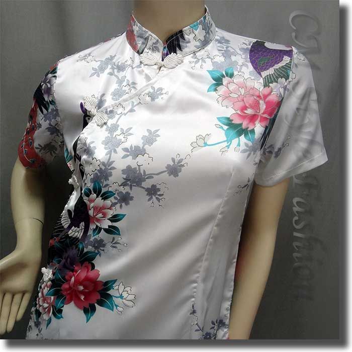 Chinese Cheongsam Qipao Style Floral Satin Tunic Top White