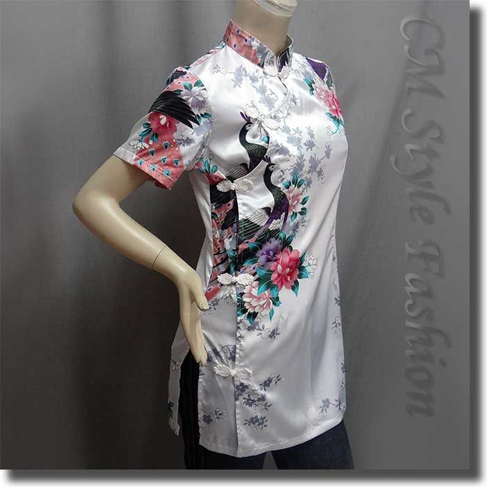 Chinese Cheongsam Qipao Style Floral Satin Tunic Top White