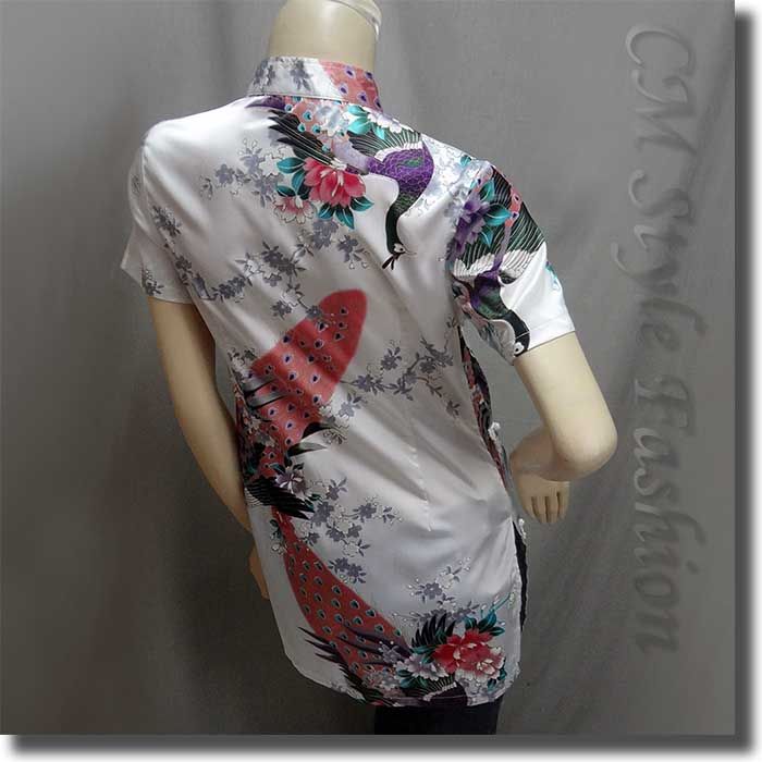Chinese Cheongsam Qipao Style Floral Satin Tunic Top White