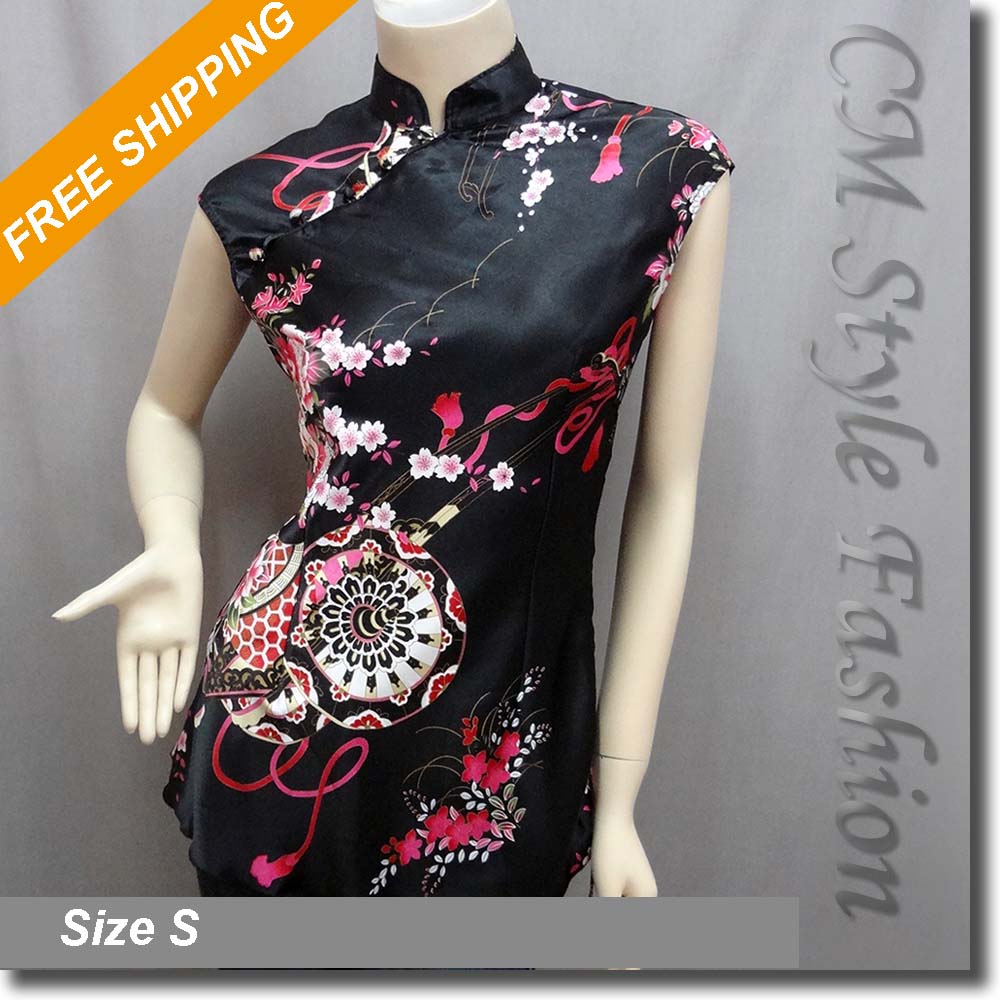 Chinese Qi Pao Cheongsam Inspired Satin Tunic Top Black