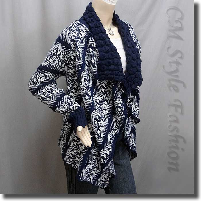 Print Flowy Asymmetric Knit Cardigan Blue White