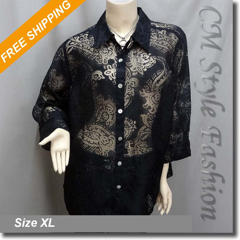 Classy Sheer Embossed Pattern Blouse Shirt Top Black