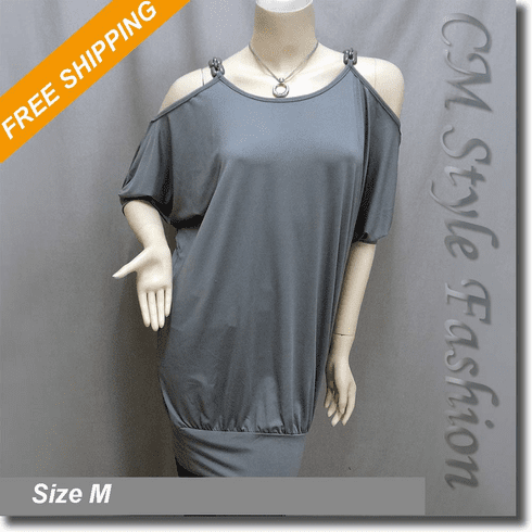 Cold Shoulder Chain Strap Batwing Tunic Frock Top Gray