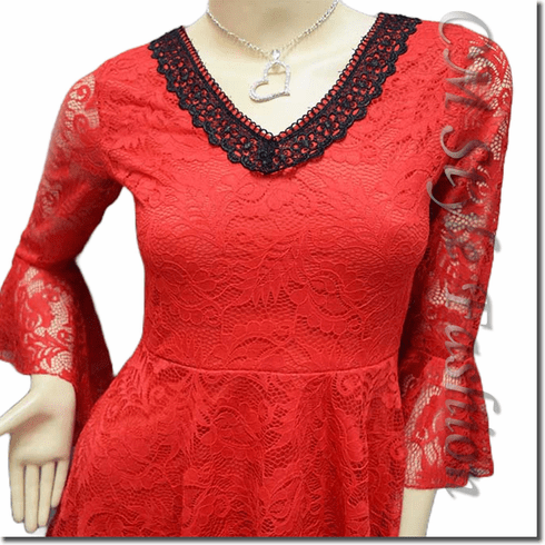 Deep V Neckline Sexy Lace Lady Tunic Top Red