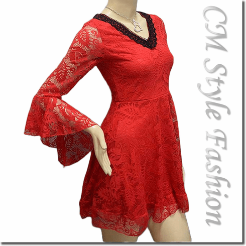 Deep V Neckline Sexy Lace Lady Tunic Top Red
