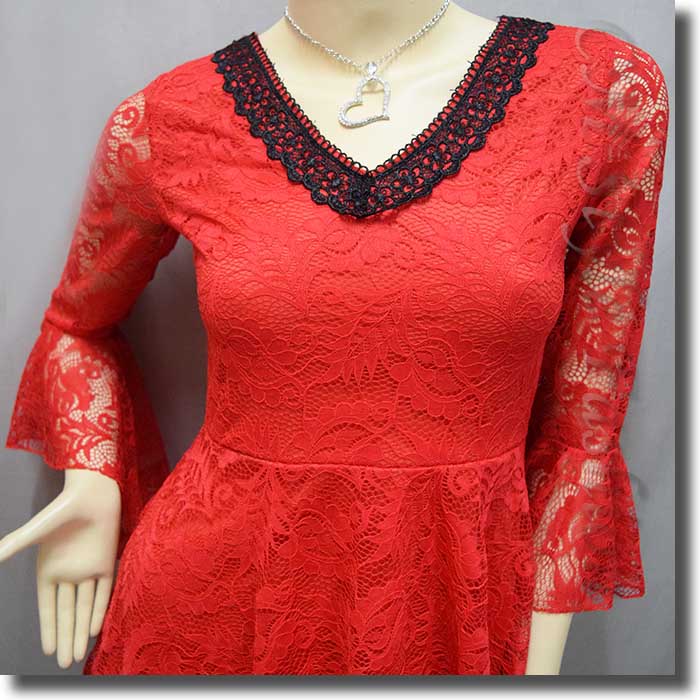 Deep V Neckline Sexy Lace Lady Tunic Top Red