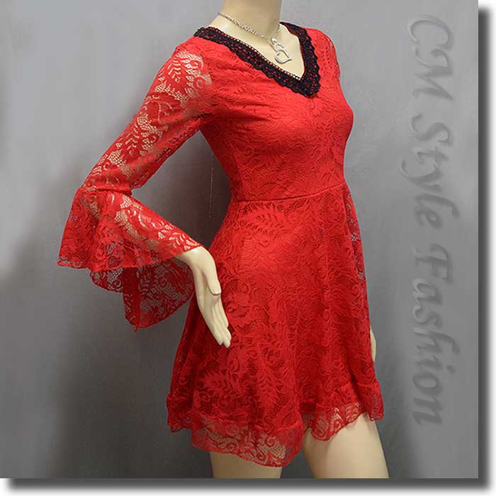 Deep V Neckline Sexy Lace Lady Tunic Top Red