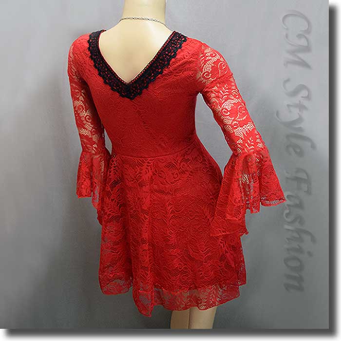 Deep V Neckline Sexy Lace Lady Tunic Top Red
