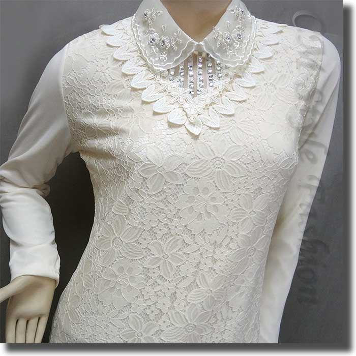 Dual Layered Beaded Sequined Collar Lace Blouse Top Beige