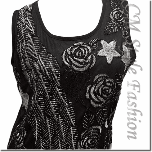 Elegant Beaded Golden Thread Embroidery Dress Top Black