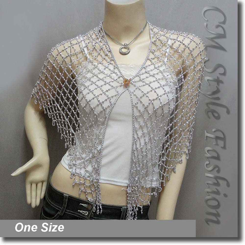 Exotic Crochet Net Triangular Shawl Wrap Shawl Scarf w Beads Gray Silvery