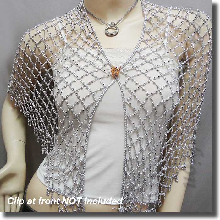 Exotic Crochet Net Triangular Shawl Wrap Shawl Scarf w Beads Gray Silvery