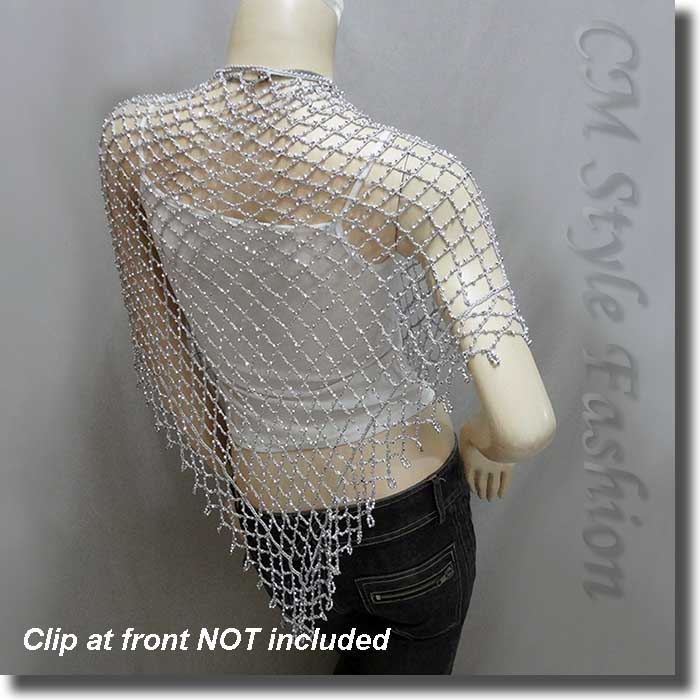 Exotic Crochet Net Triangular Shawl Wrap Shawl Scarf w Beads Gray Silvery