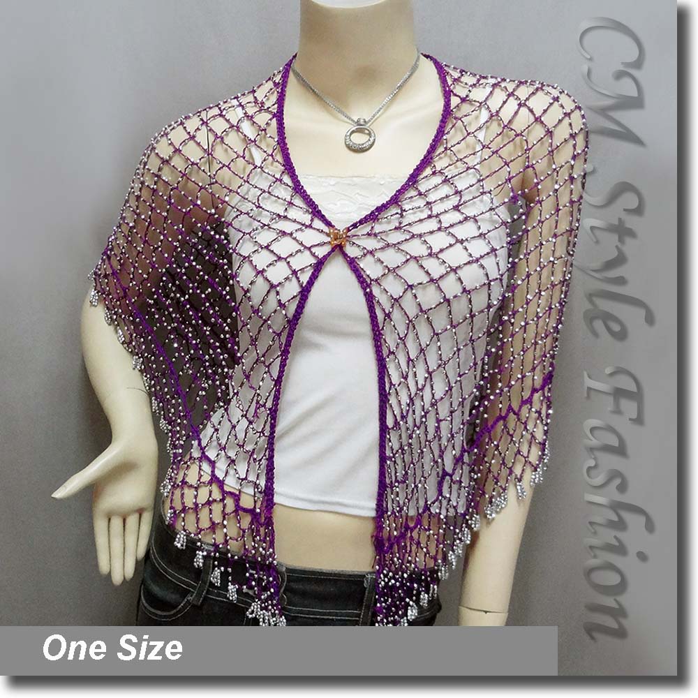 Exotic Crochet Net Triangular Shawl Wrap Shawl Scarf w Beads Purple Silvery