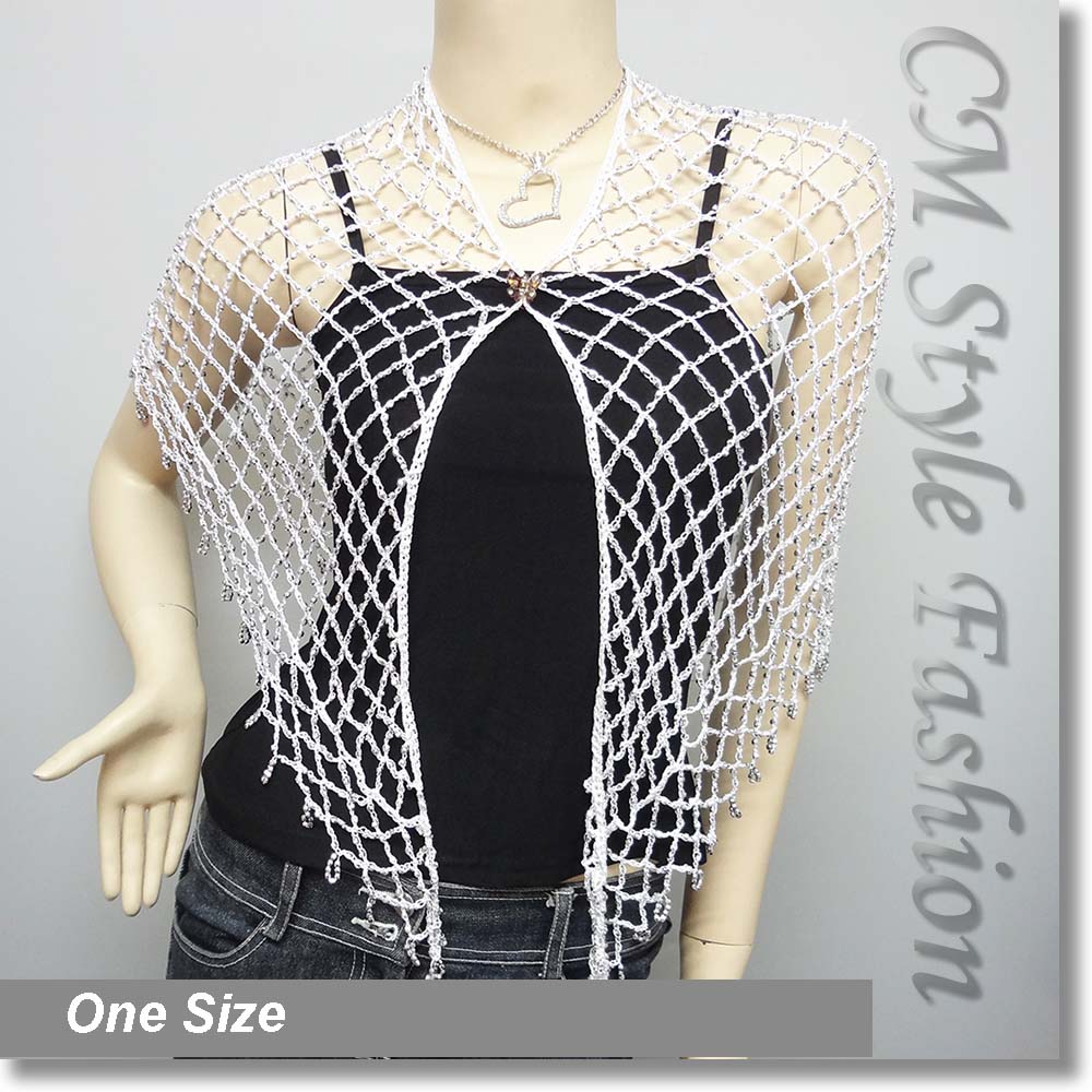 Exotic Crochet Net Triangular Shawl Wrap Shawl Scarf w Silvery Beads White