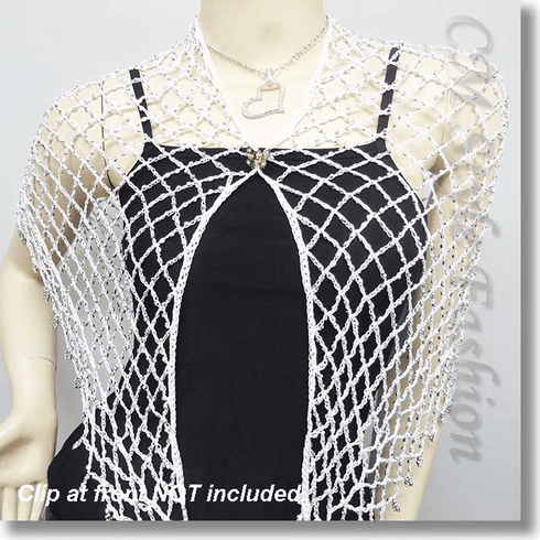 Exotic Crochet Net Triangular Shawl Wrap Shawl Scarf w Silvery Beads White