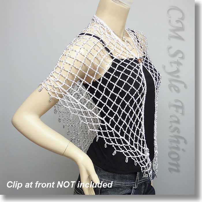 Exotic Crochet Net Triangular Shawl Wrap Shawl Scarf w Silvery Beads White