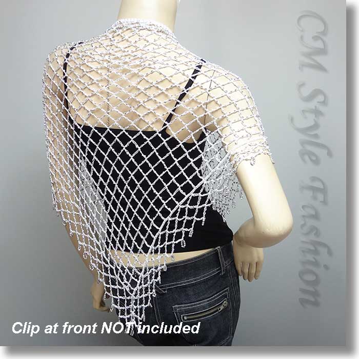 Exotic Crochet Net Triangular Shawl Wrap Shawl Scarf w Silvery Beads White