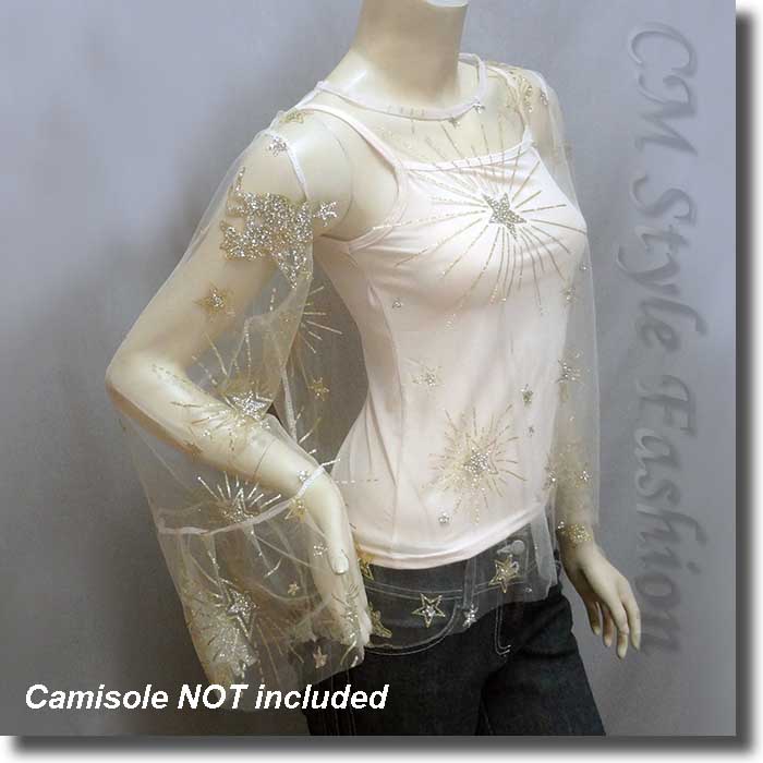 Fantasy Glittering Stars Flying House Sheer Blouse Top Beige