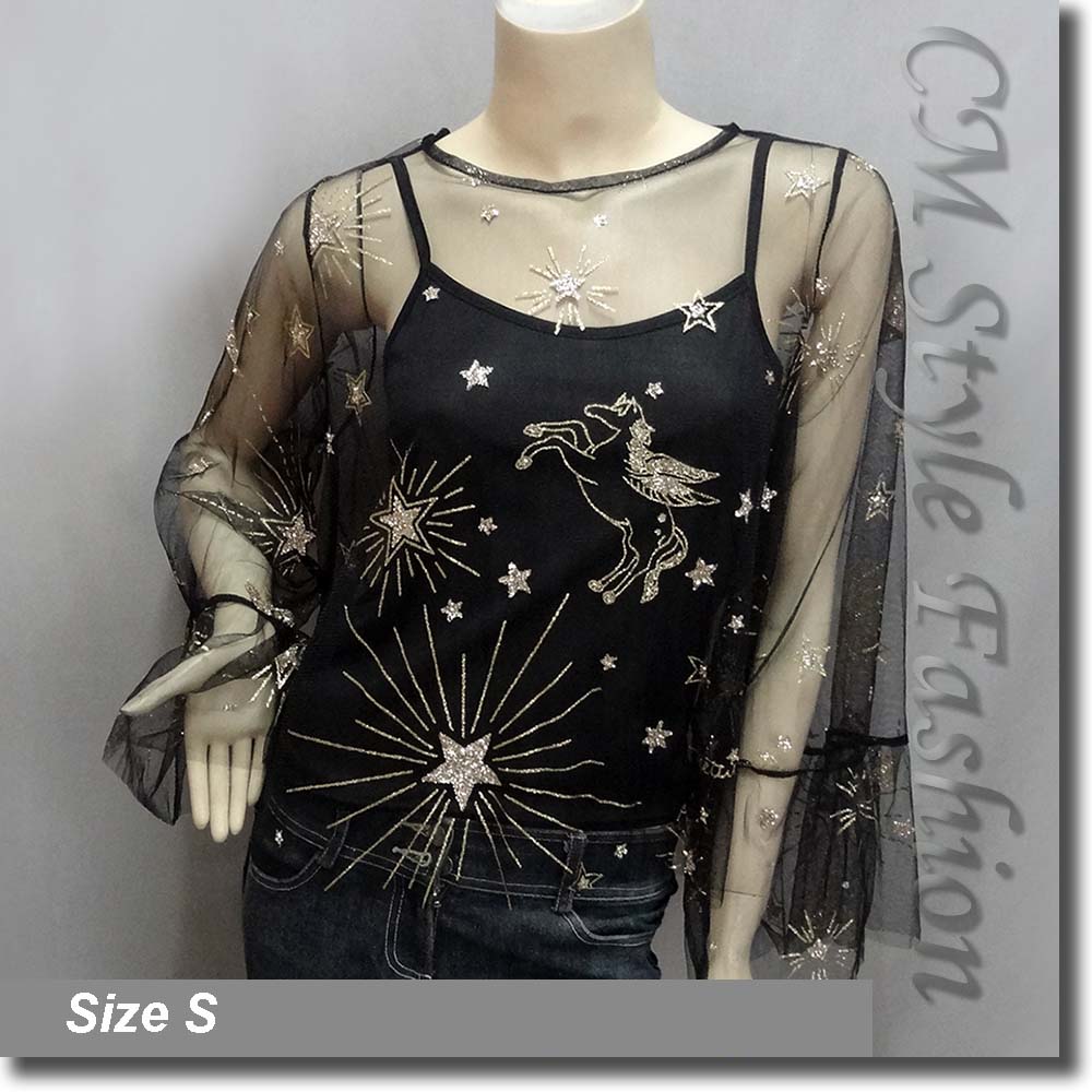 Fantasy Glittering Stars Flying House Sheer Blouse Top Black
