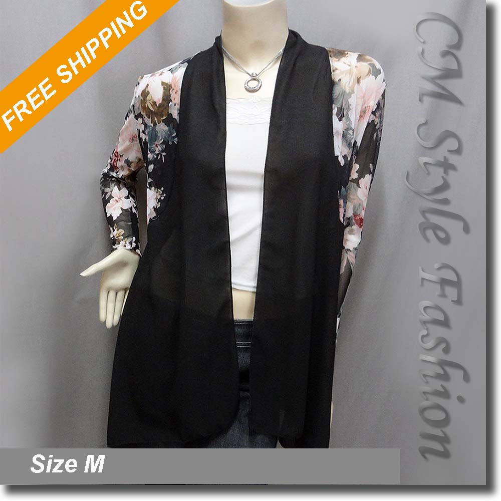 Floral Patchwork Chiffon Flowy Cardigan Top Black