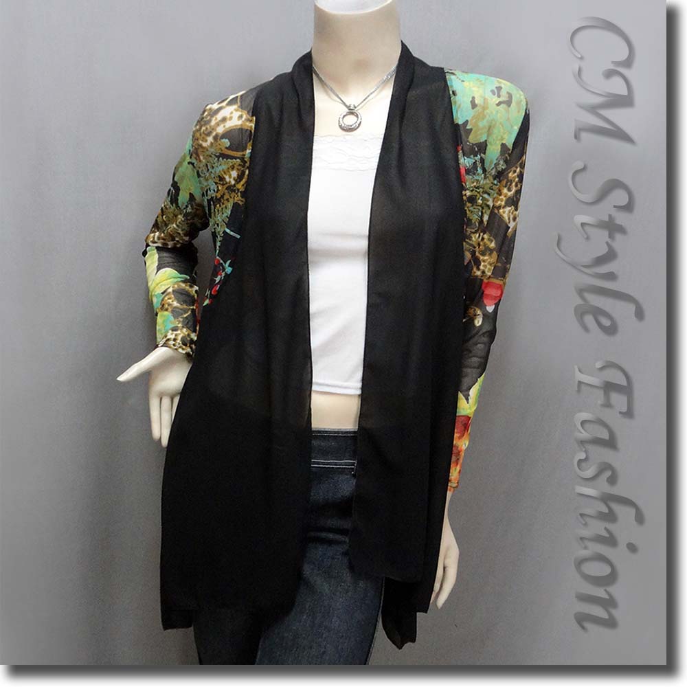 Floral Patchwork Chiffon Flowy Cardigan Top Black