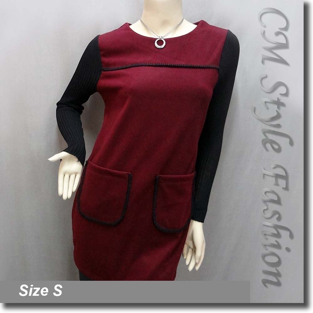 Funky Style Patched Pockets Frock Tunic Top Black Burgundy