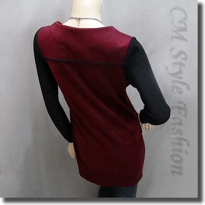 Funky Style Patched Pockets Frock Tunic Top Black Burgundy