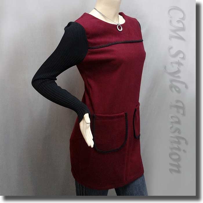 Funky Style Patched Pockets Frock Tunic Top Black Burgundy