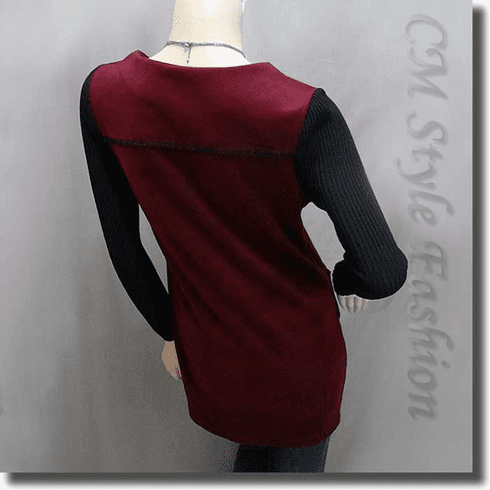 Funky Style Patched Pockets Frock Tunic Top Black Burgundy