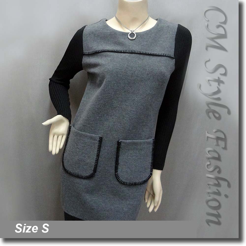 Funky Style Patched Pockets Frock Tunic Top Black Grey