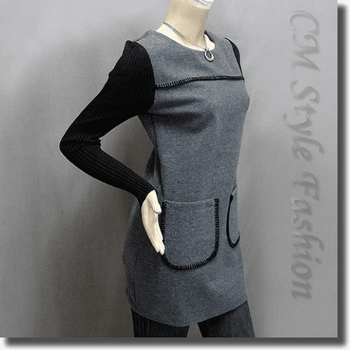 Funky Style Patched Pockets Frock Tunic Top Black Grey