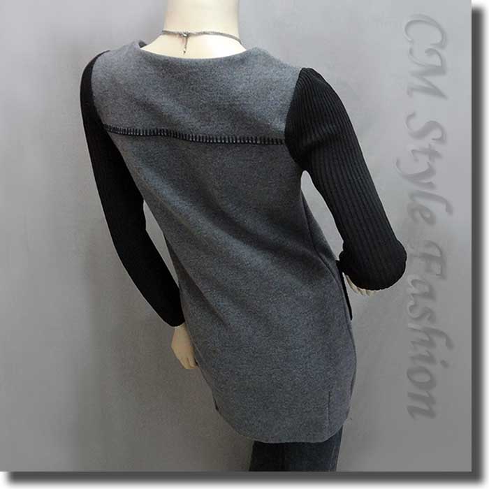 Funky Style Patched Pockets Frock Tunic Top Black Grey