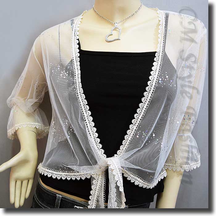 Glam Sheer Mesh Front Tie Shrug Cropped Bolero Topper Beige