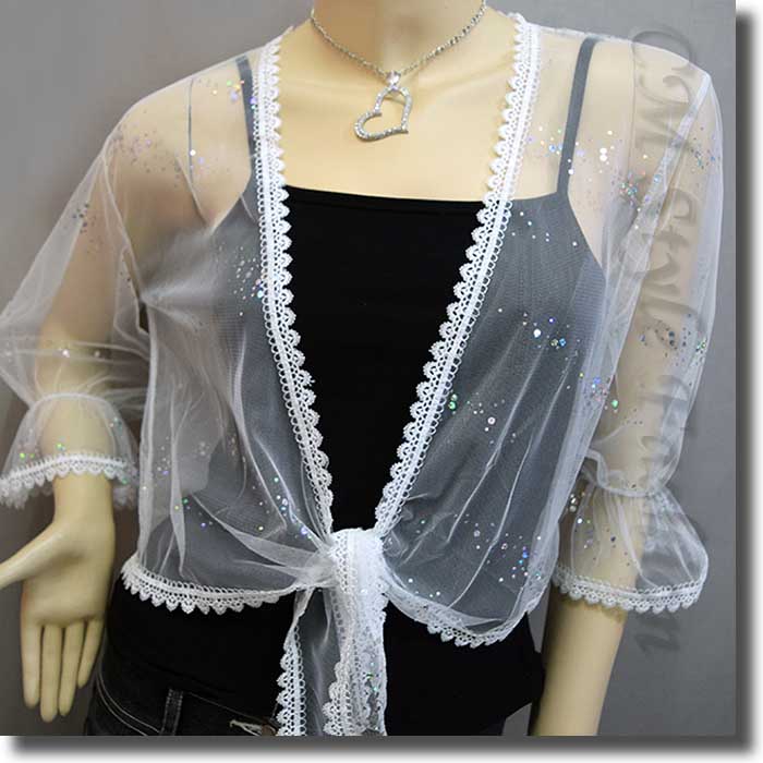 Glam Sheer Mesh Front Tie Shrug Cropped Bolero Topper White
