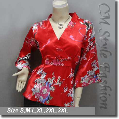Japan Kimono Style Silky Satin Blouse Top Red