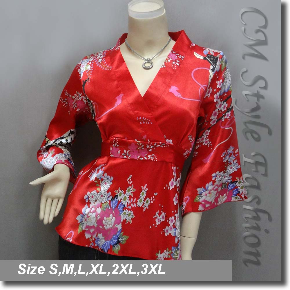 Japan Kimono Style Silky Satin Blouse Top Red